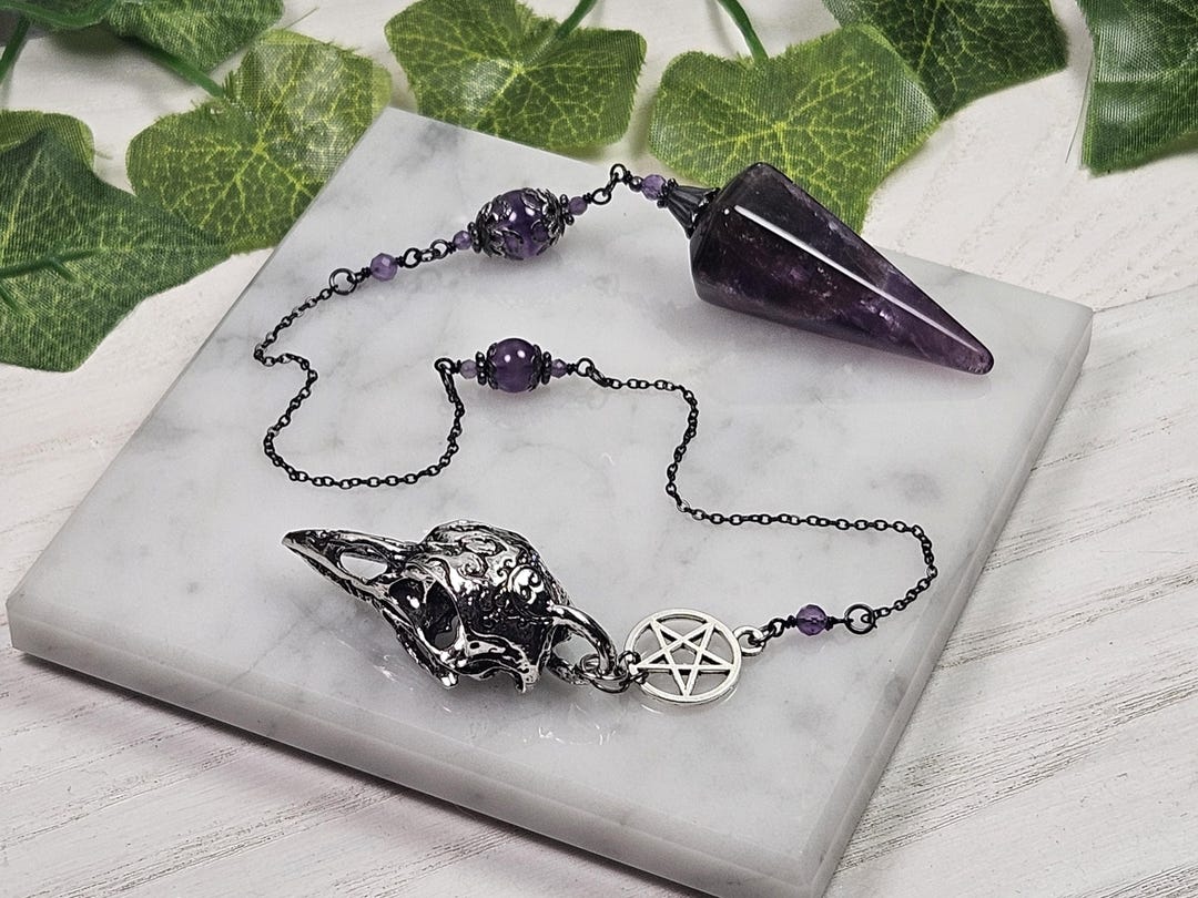 Amethyst Pendulum With Raven Skull and Pentagram, Wire Wrapped Amethyst Beads, Witchy Gift, Talk ...