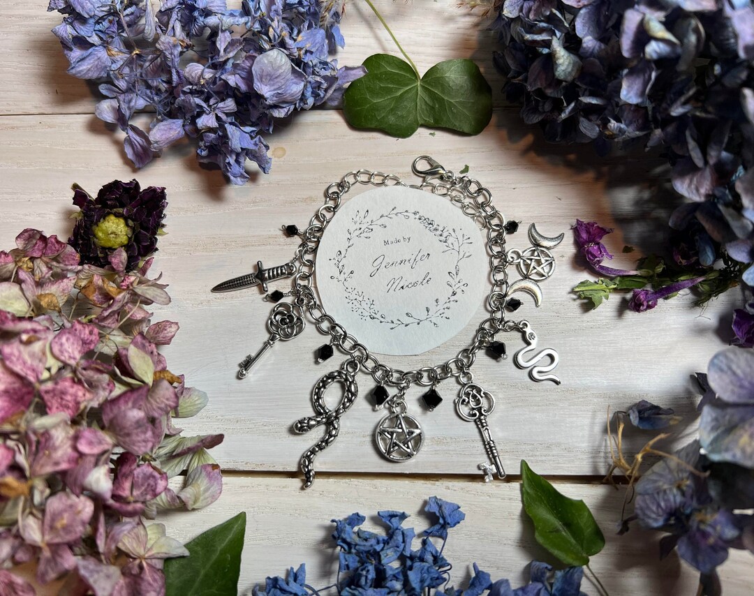 Hecate Charm Bracelet With Dagger Snakes Keys Triple Moon Wiccan Star ...