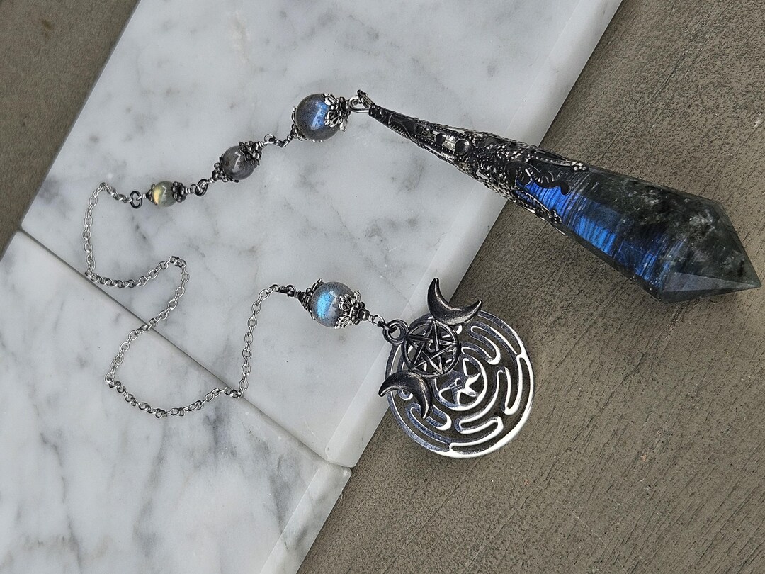 Hecate Pendulum, Triple Moon Goddess Dowsing Crystal, Grade AAA Blue Flash Labradorite ...