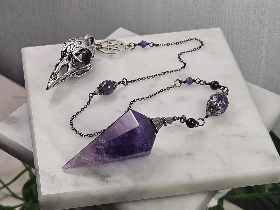 Amethyst Pendulum With Raven Skull and Pentagram, Wire Wrapped Amethyst Beads, Witchy Gift, Talk ...