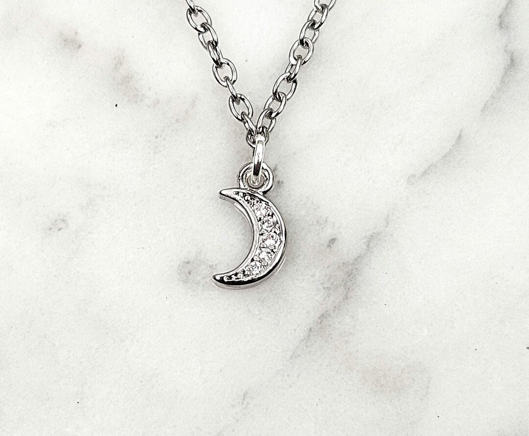 Tiny Crescent Moon Necklace Made With Pave Cz Stones Stainless Steel Charm and Necklace - Etsy