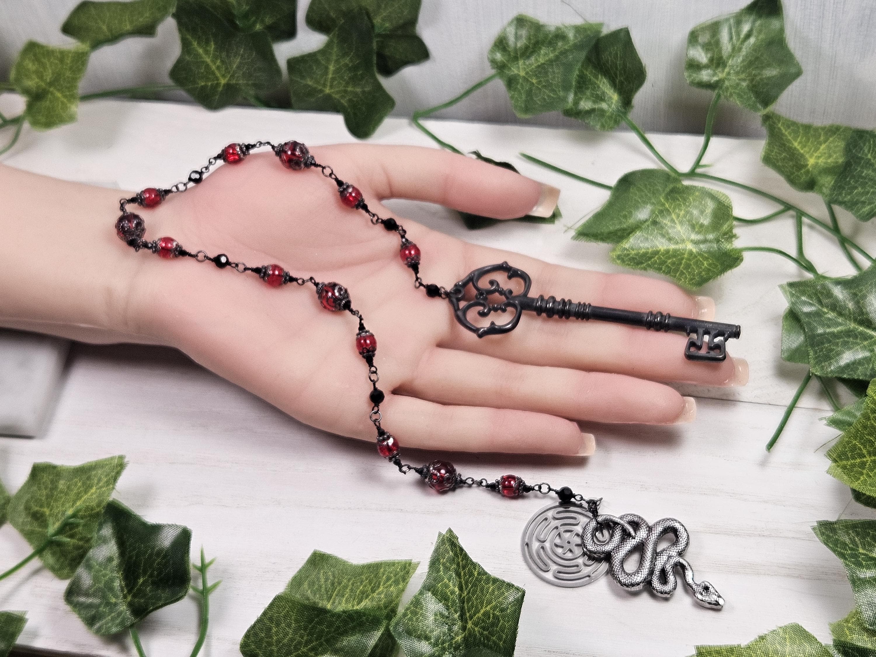 Hekate Prayer Beads With Hekate's Wheel, Snake and Skeleton Key, Rosary ...