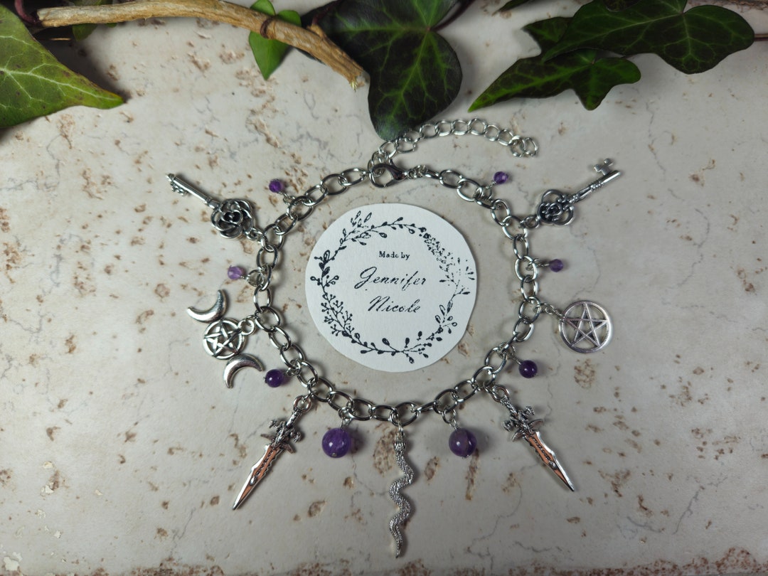 Hecate Charm Bracelet With Dagger Snake Keys Triple Moon Wiccan Star ...