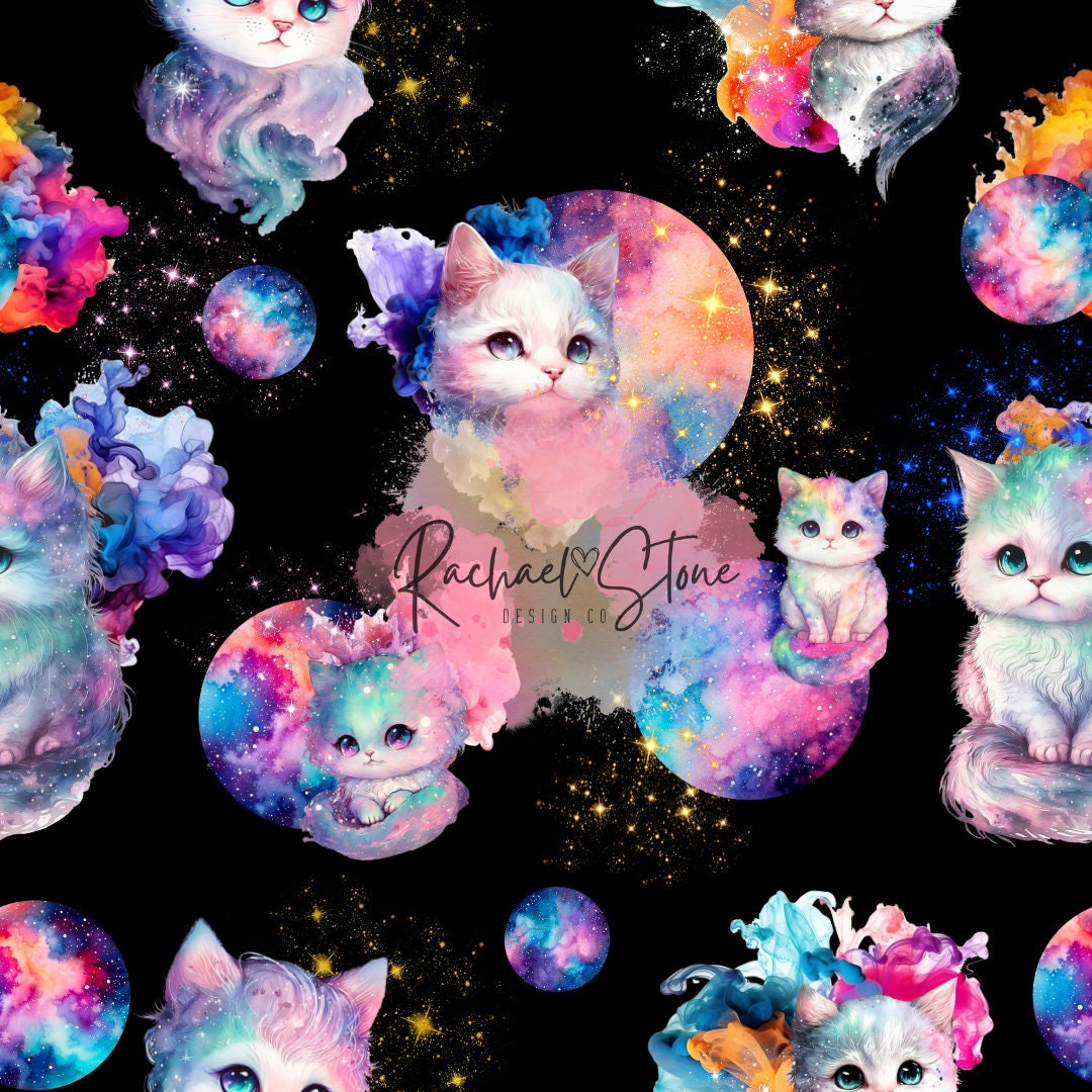 Galaxy Space Kitty Watercolor Cat Seamless Paper File Design - Etsy