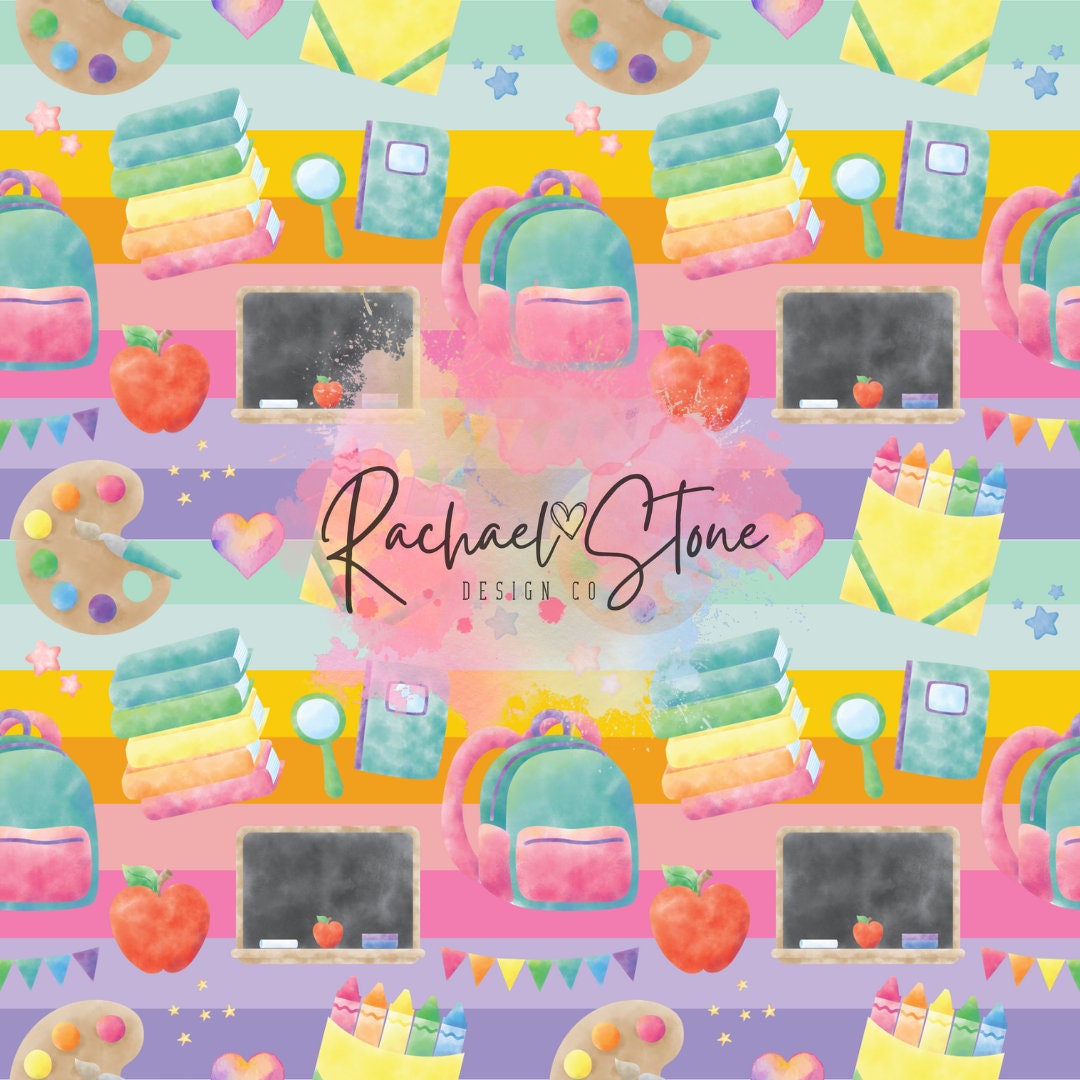 Pastel Rainbow Watercolor Back to School Girl Pink Digital Seamless ...