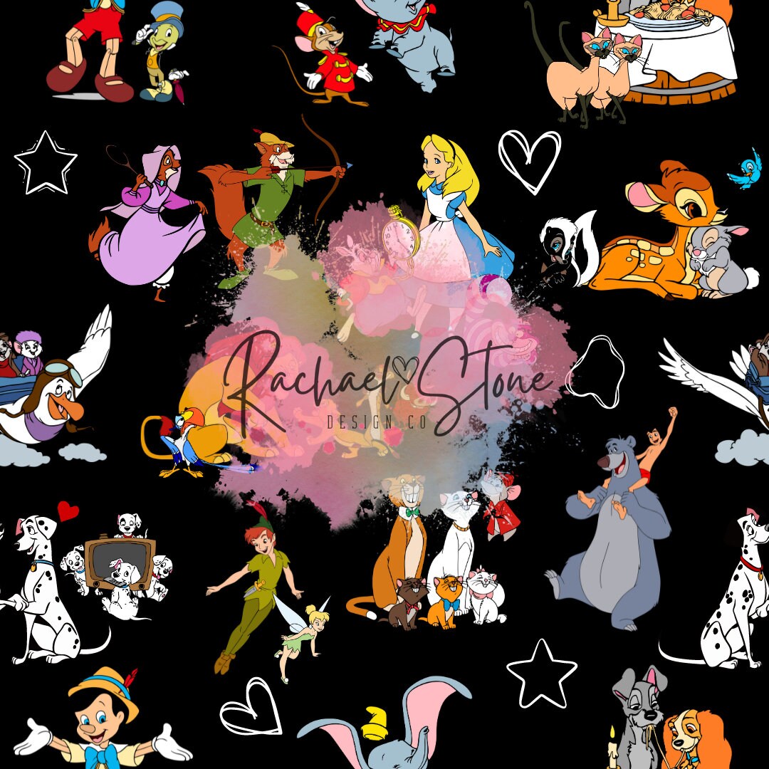 Classic Character Robin Lion Bamb Cats Dogs Deer on Black Digital ...