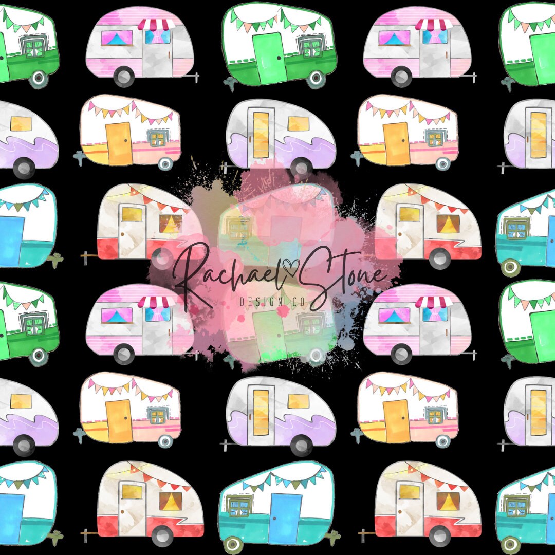 Let's Go Camping on Black Campers Outdoor Print Fabric Neutral Digital ...