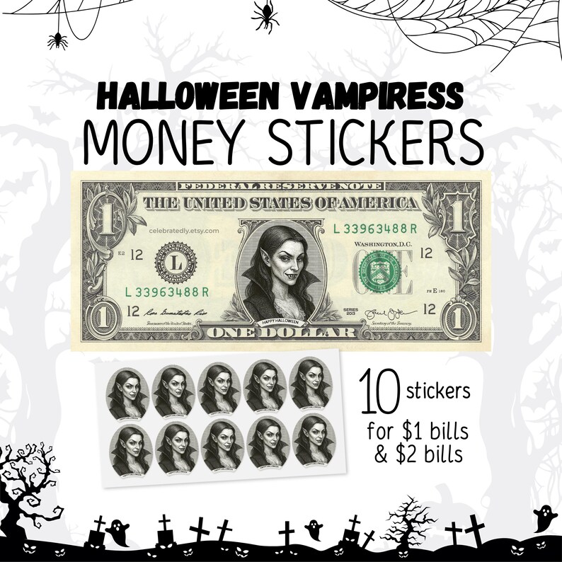 10 Pcs Halloween Vampiress Money Stickers 1 and 2 Dollars Cash Gift ...