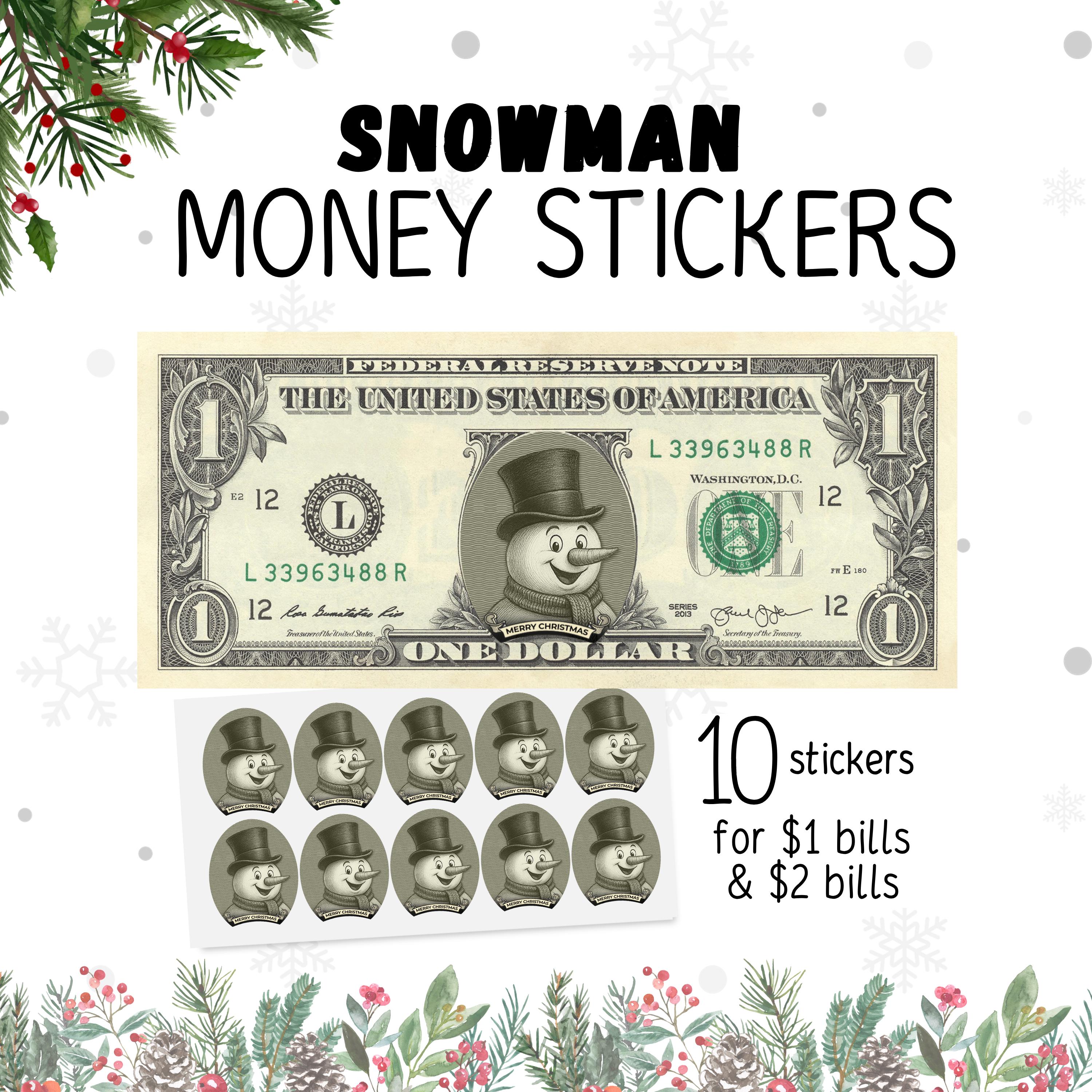 Snowman Christmas Dollar Bill Stickers 1 and 2 Dollars Christmas Money ...