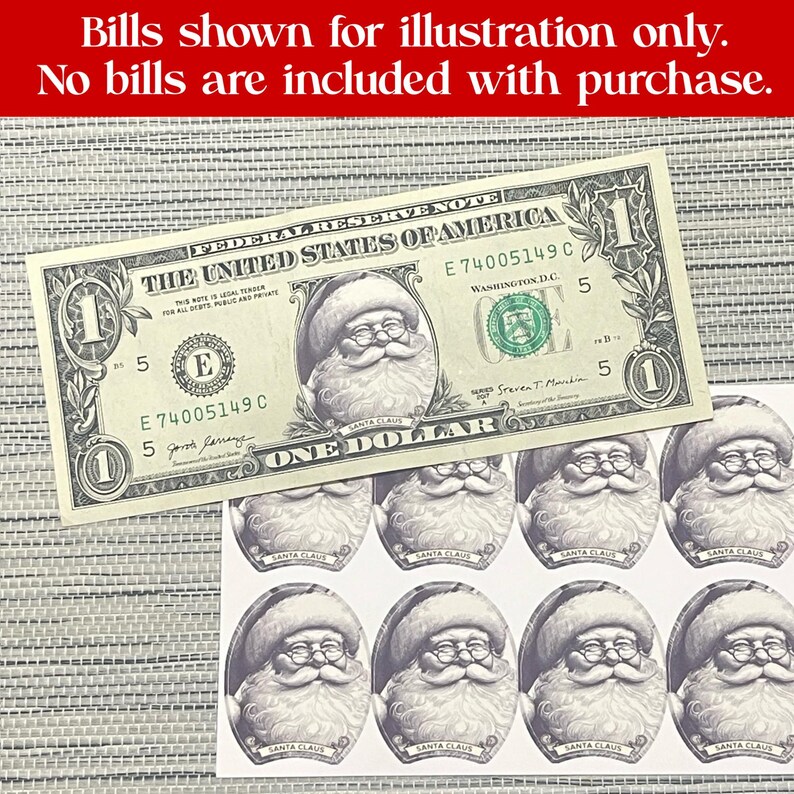 10 Pcs Santa Claus Dollar Bill Stickers 1 and 2 Dollars Christmas Money ...