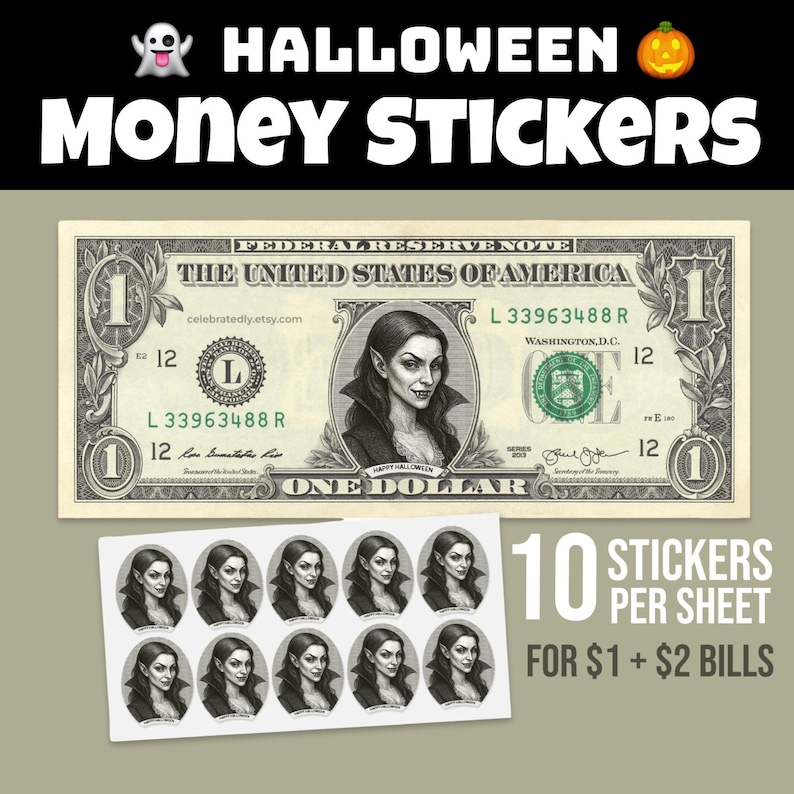 10 Pcs Halloween Vampiress Money Stickers 1 and 2 Dollars Cash Gift ...