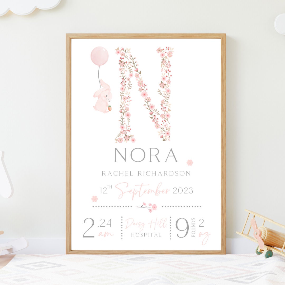 Pink Floral Baby Print, Nursery Print, Baby Name Print, Personalised ...