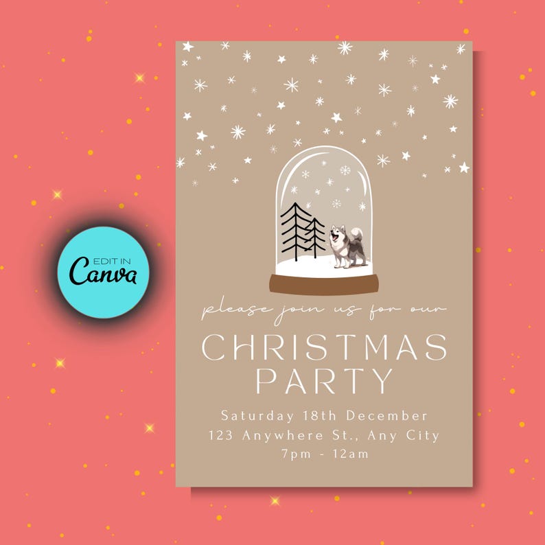 Snow Globe Husky Christmas Party Invitation: Editable Canva Template ...
