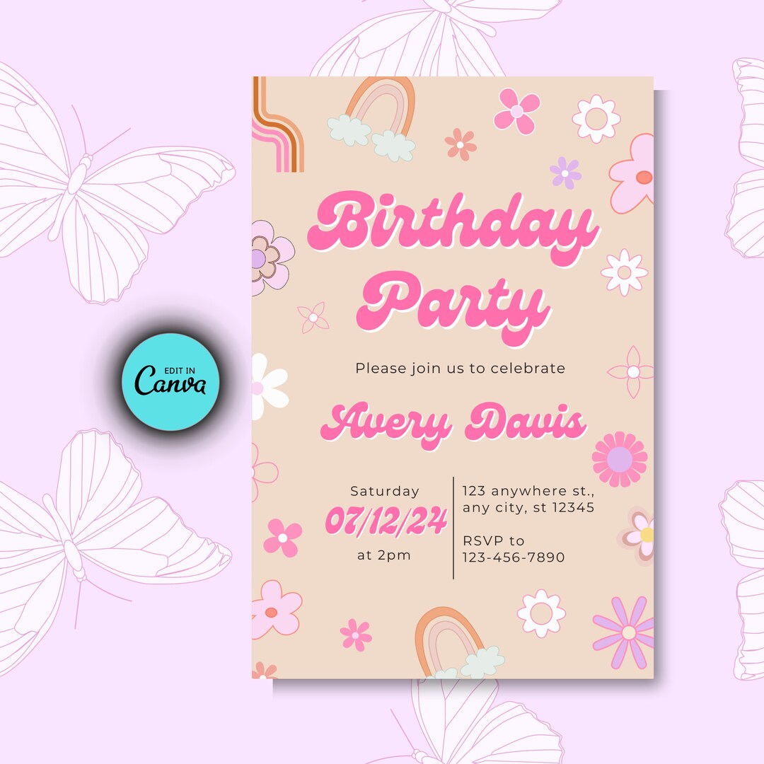 Retro Floral Birthday Party Invitation: Groovy Printable Template ...