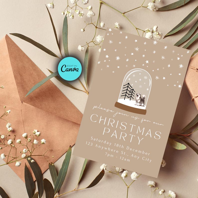 Snow Globe Husky Christmas Party Invitation: Editable Canva Template ...