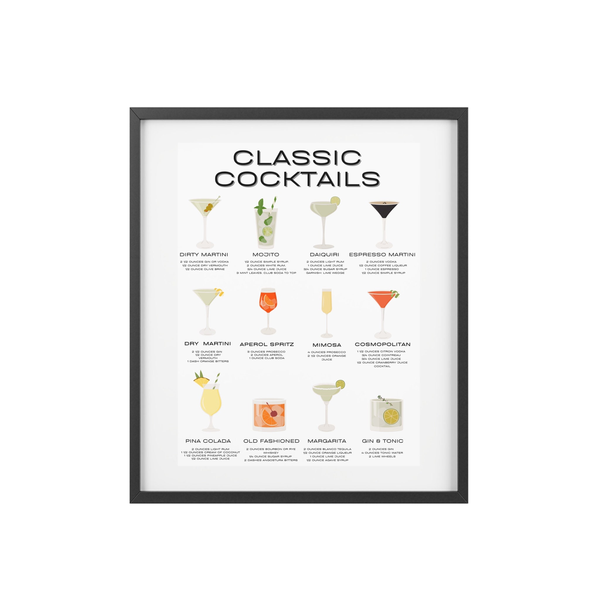 Cocktails Poster Classic Cocktails Print Drink Recipes Cocktails Art Cocktail Gifts Drinks Guide ...