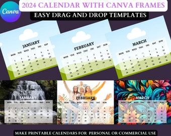 2024 Calendar With a 50/50 Page Split. Editable Canva Frames. Edit and ...