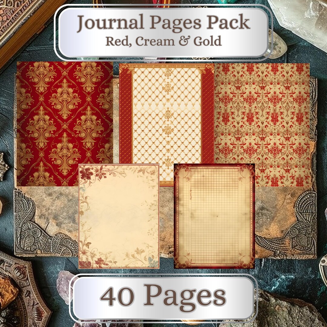 40 Pages. Red, Cream & Gold Patterns. Color Matched Junk Journal Pages ...