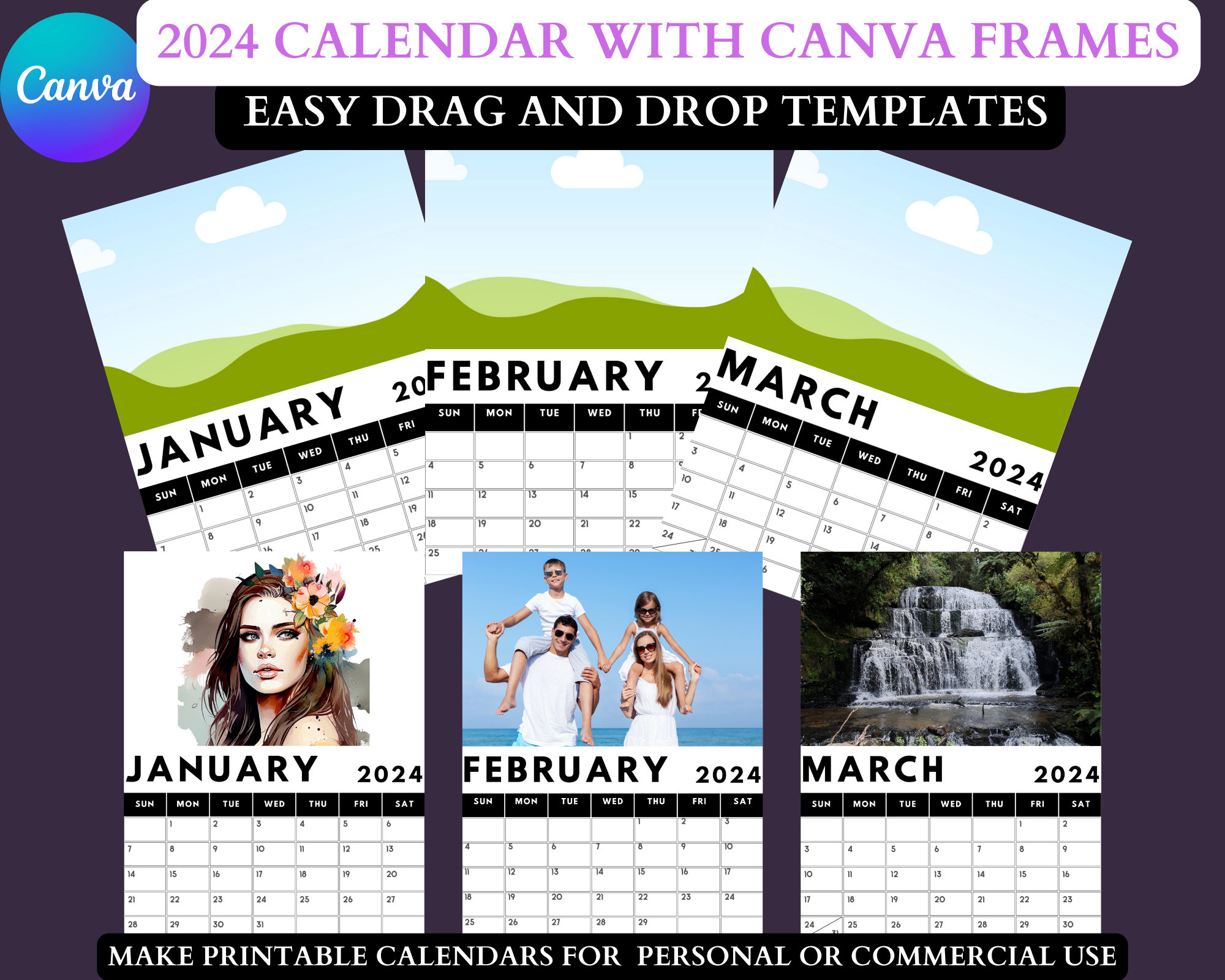 2024 Calendar With a 50/50 Page Split. Editable Canva Frames. Edit and ...