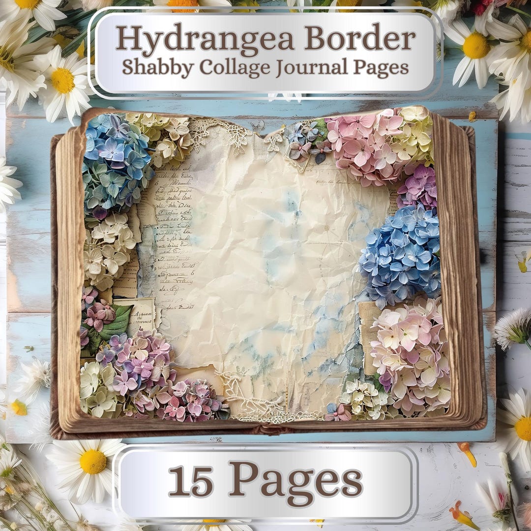 15 Pages. Hydrangea Border, Decorative Floral Journal Pages, 11 X 8.5 ...