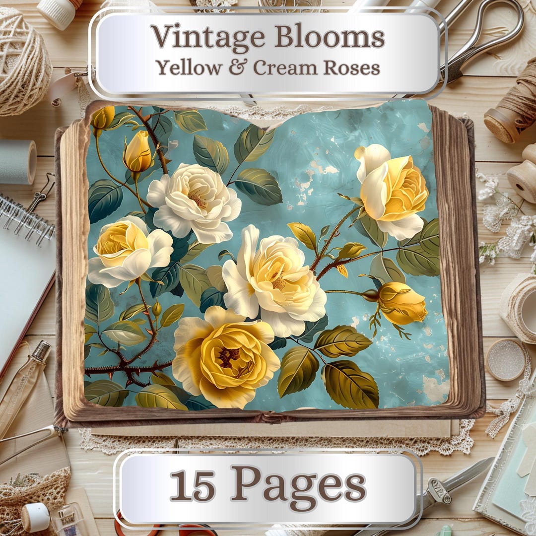Vintage Yellow Roses Junk Journal Pages: Floral Scrapbook Paper (15 ...