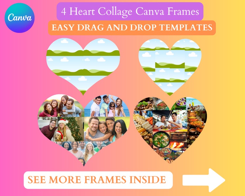 Heart Photo Collage Canva Frames. 4 Frames. Editable Drag and Drop ...