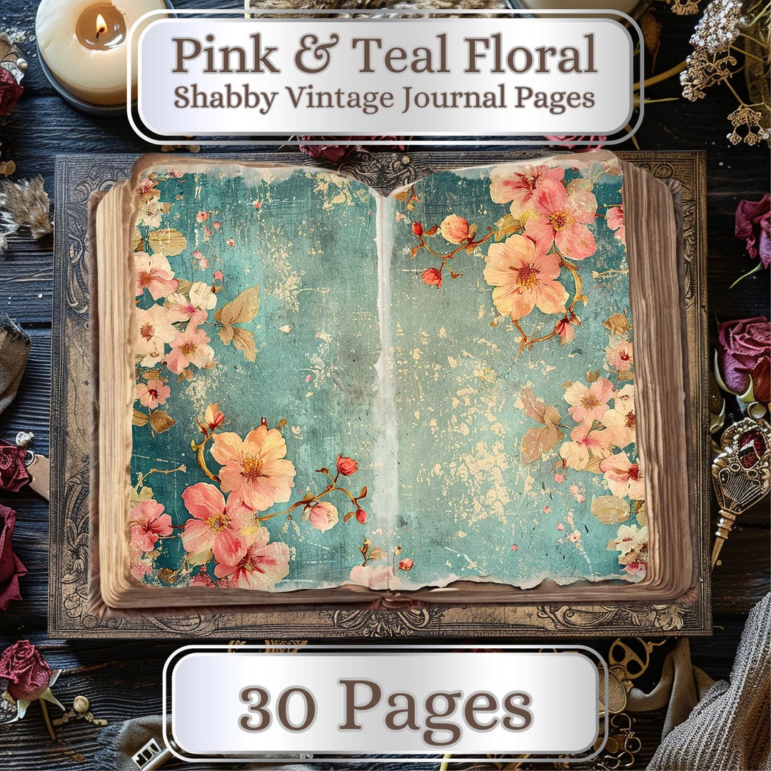30 Pages. Shabby Chic Teal & Pink Floral Junk Journal Pages, 11 X 8.5 ...