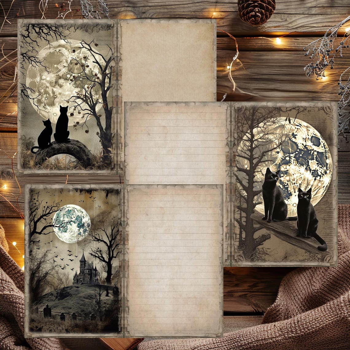 Black Cat Full Moon Junk Journal Pages: Gothic Halloween (digital ...
