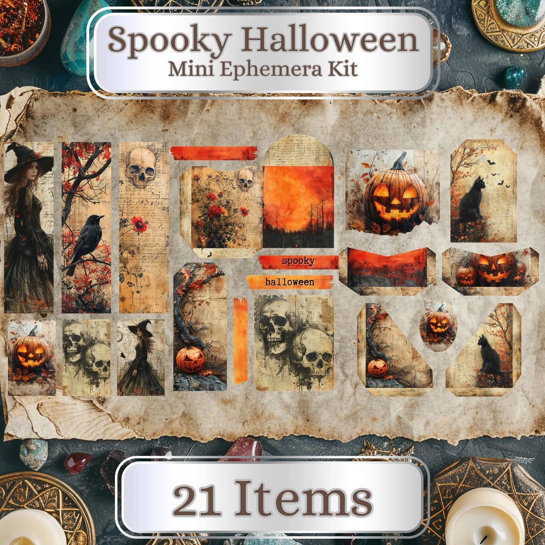 Spooky Halloween Mini Ephemera Kit. 21 Items. Pockets, Tags, Bookmarks ...