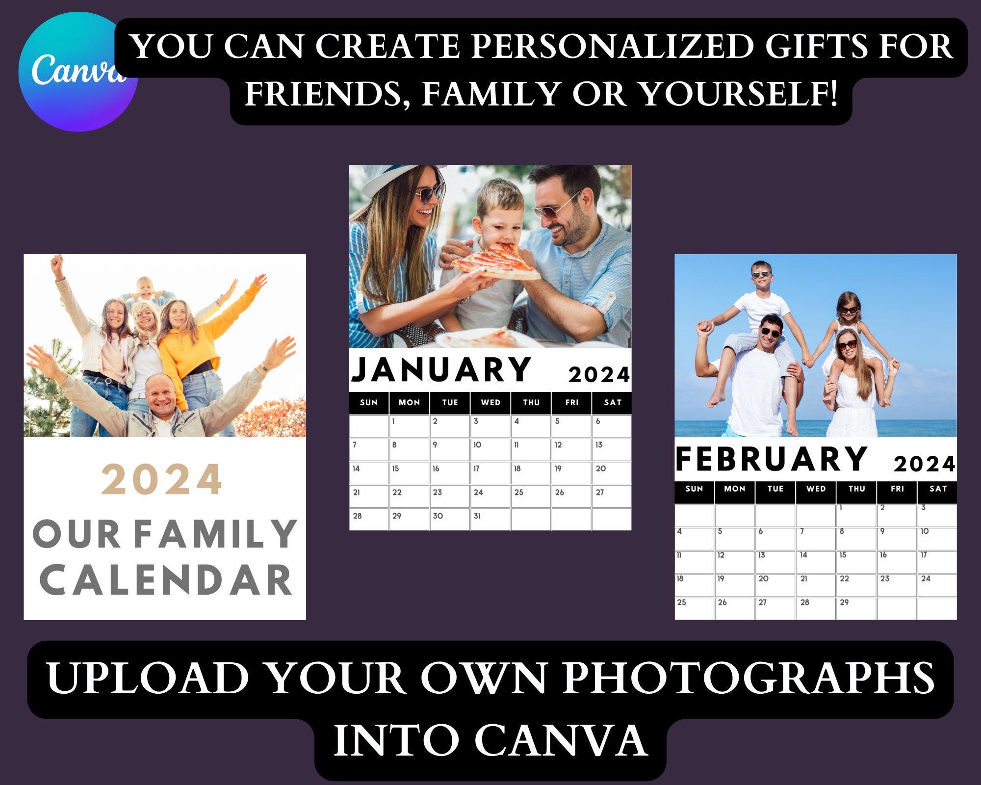 2024 Calendar With a 50/50 Page Split. Editable Canva Frames. Edit and ...