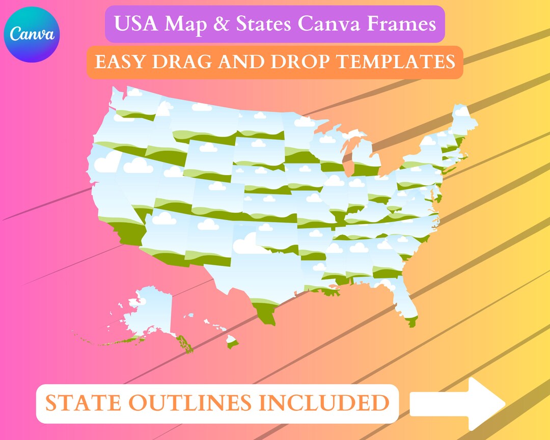 USA Map Plus Individual States Canva Frames. Fill Your Own Design in ...