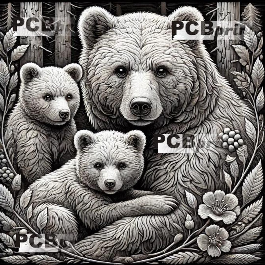 Detailed Black-and-white Bear Family Illustration - Mother Bear and ...
