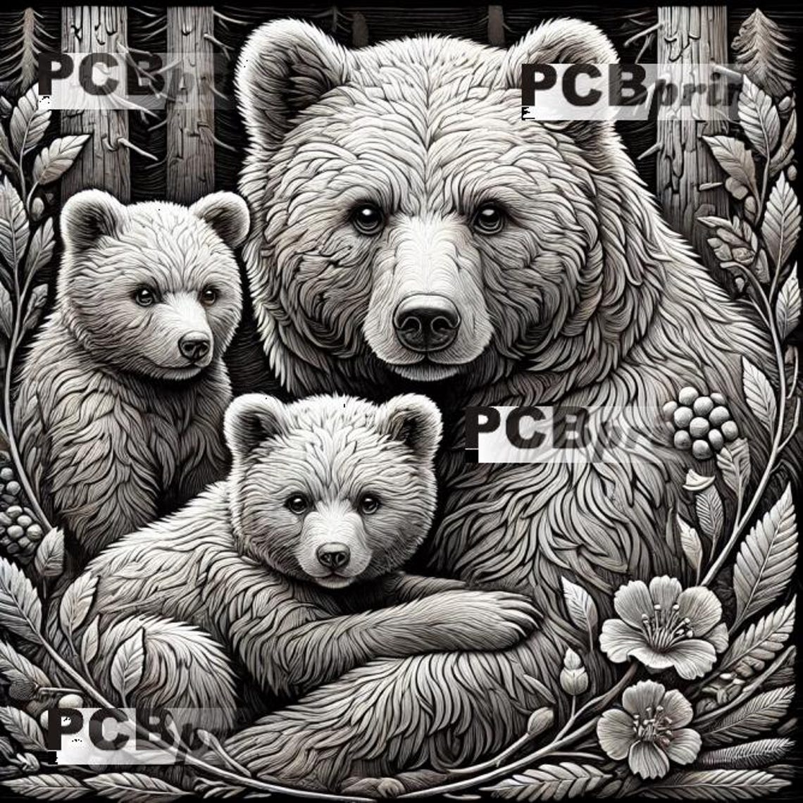 Detailed Black-and-white Bear Family Illustration - Mother Bear and ...