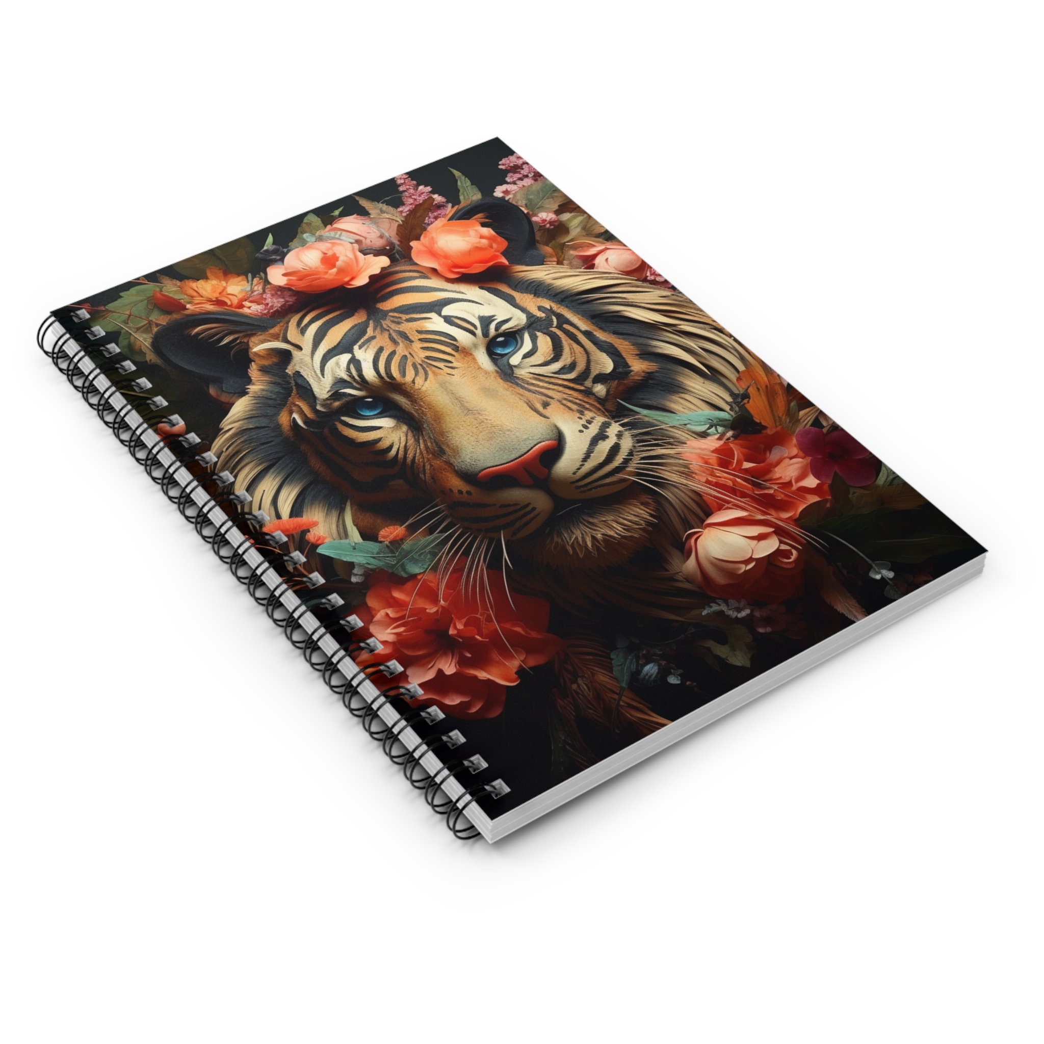 Realistic Tiger With Piercing Blue Eyes and Flowers Spiral Notebook - Etsy