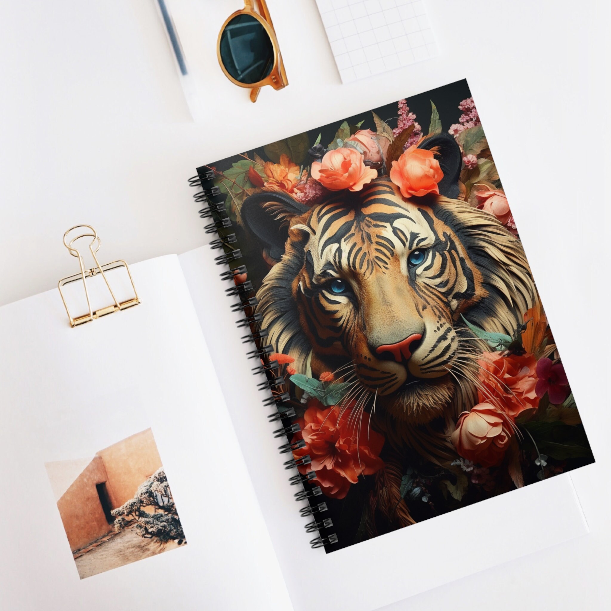Realistic Tiger With Piercing Blue Eyes and Flowers Spiral Notebook - Etsy