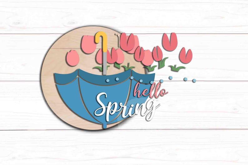 Tulips Hello Spring Door Hanger SVG, Floral Umbrella SVG (digital ...