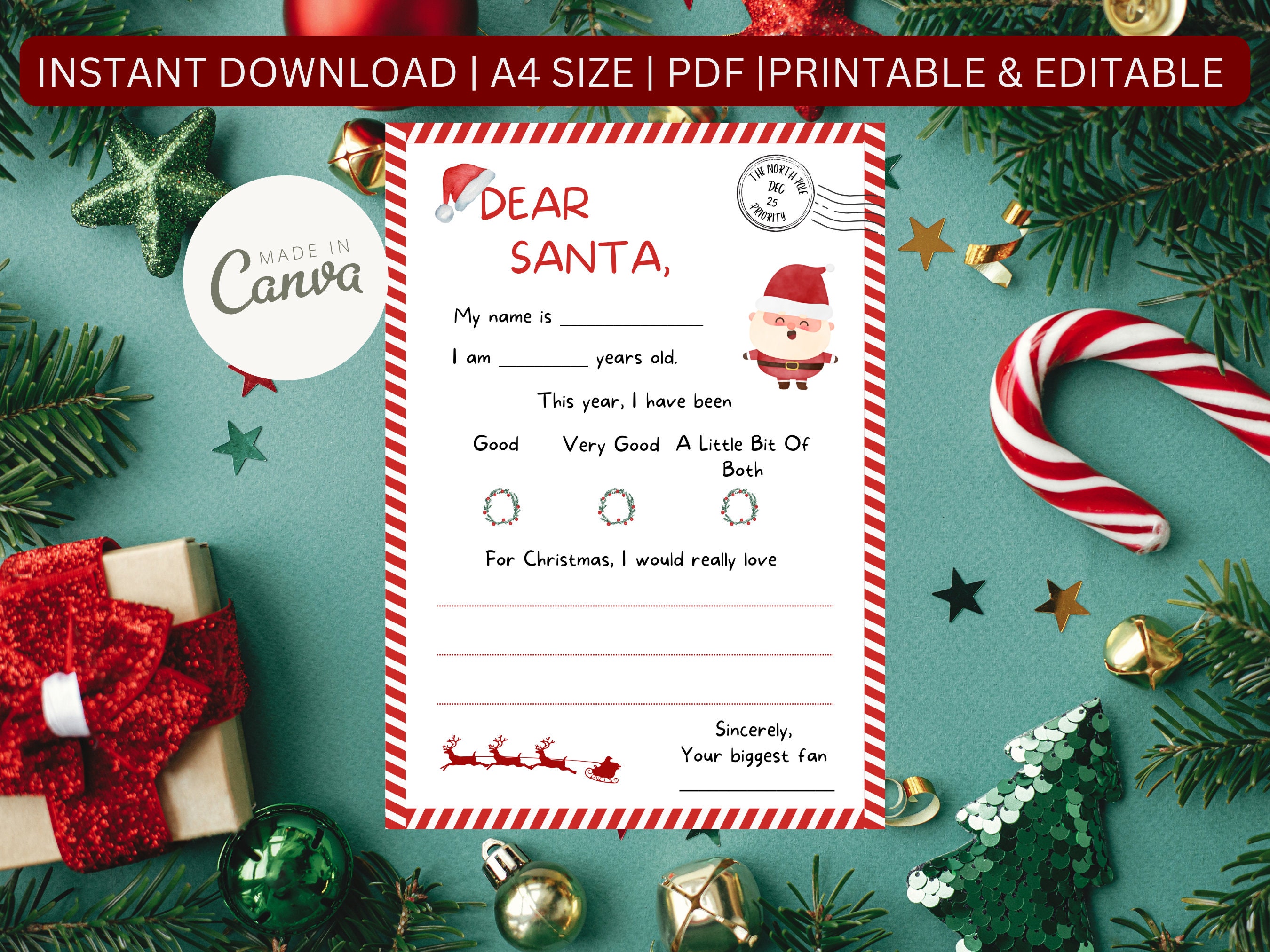 Dear Santa Letter for Kids Cute Template Christmas Wish - Etsy