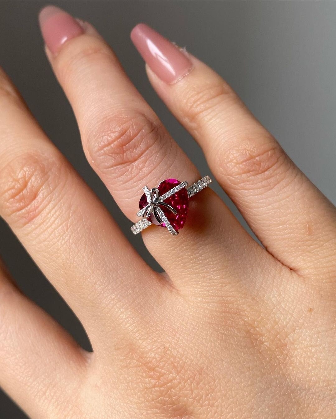 Pink Ruby 2 Ct Heart Cut Engagement Ring, 18k White Gold Half Eternity ...