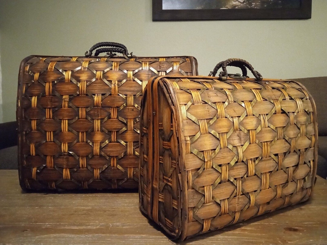 2 Vintage Woven Bamboo Nesting Cases Chinese Brass Wood Leather ...