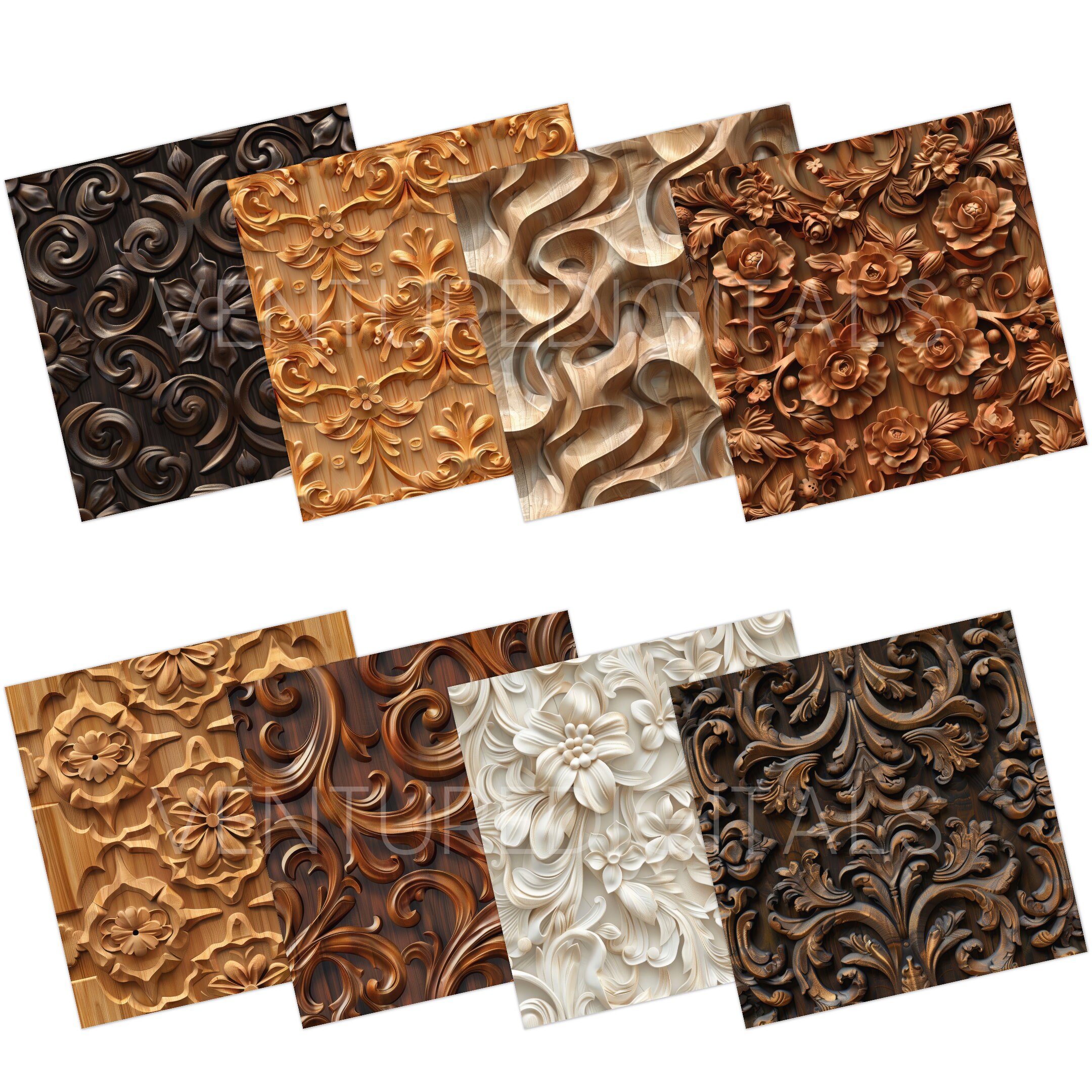 16 Seamless Wood Carving Patterns Digital Papers 3D Textured ...