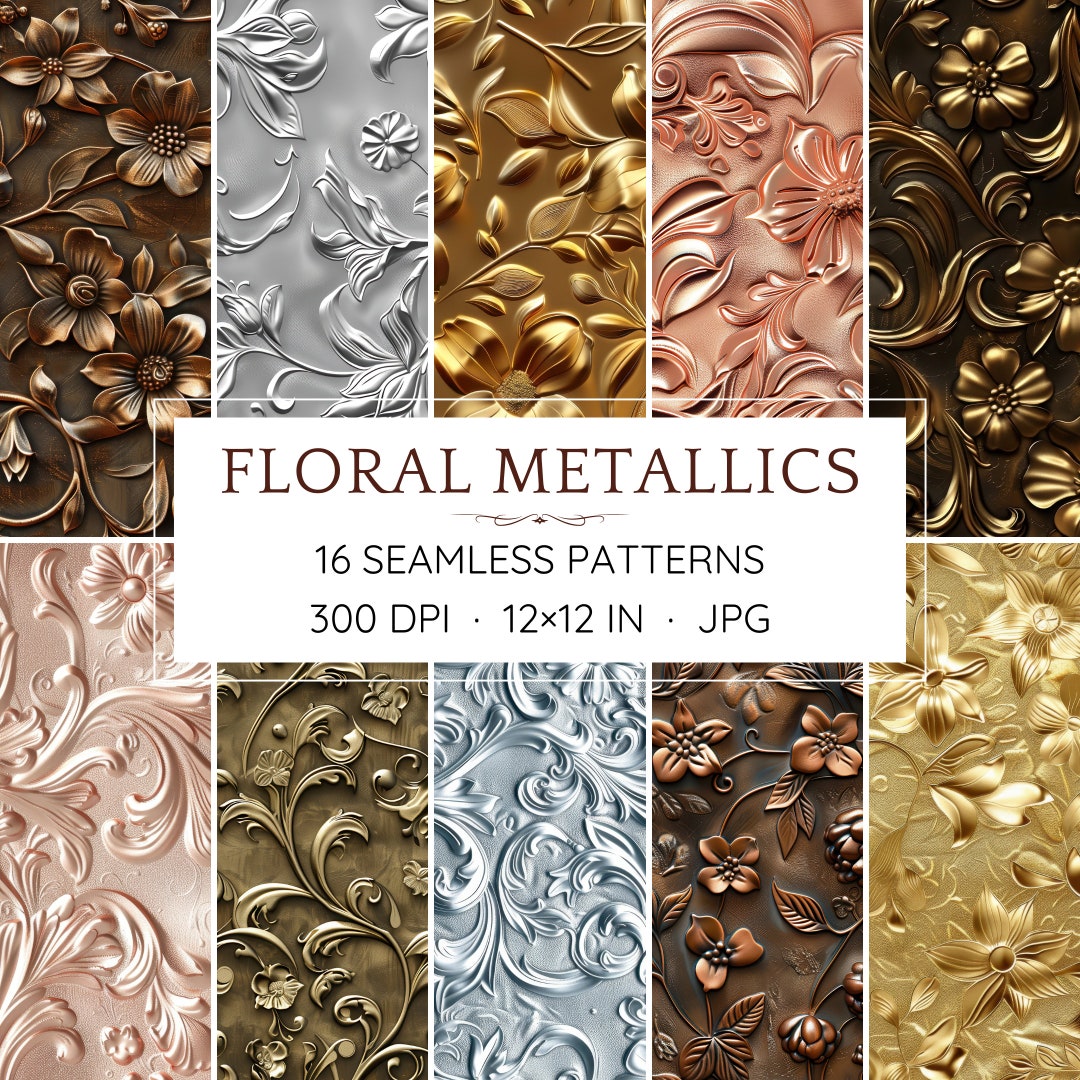16 Seamless Floral Metallic Patterns - Digital Papers - 3D Textured ...