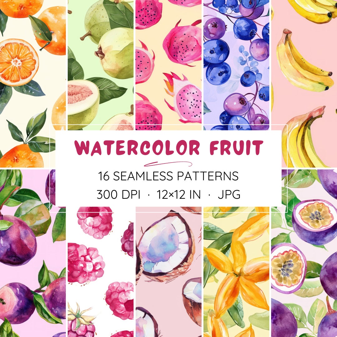 16 Seamless Watercolor Fruit Patterns - Digital Paper - High Resolution ...