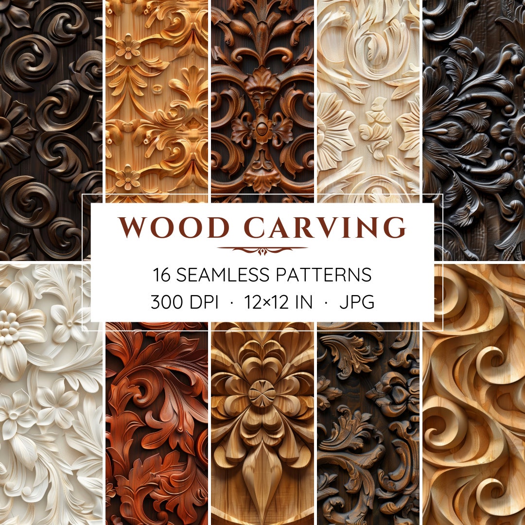 16 Seamless Wood Carving Patterns - Digital Papers - 3D Textured ...