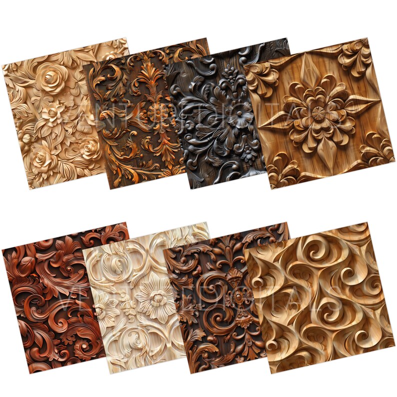 16 Seamless Wood Carving Patterns Digital Papers 3D Textured ...