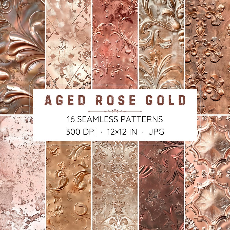 16 Seamless Aged Rose Gold Patterns - Digital Papers - 3D Textured ...