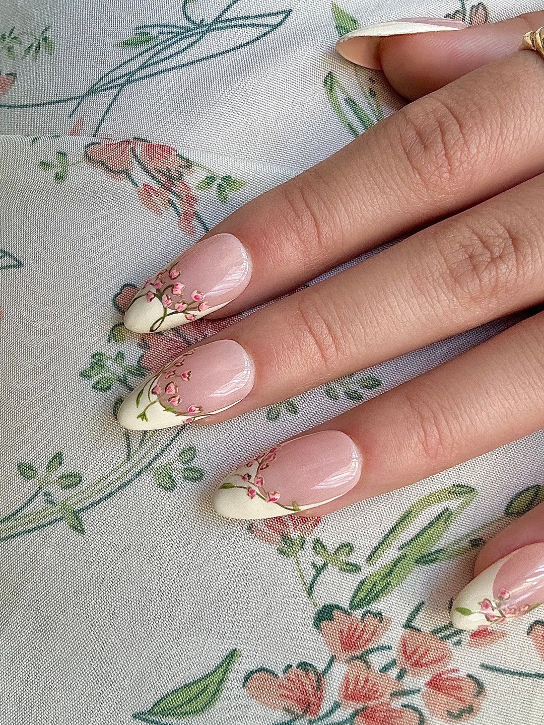 French Tip Flower Press on Nails: Almond Spring Handmade Nails - Etsy