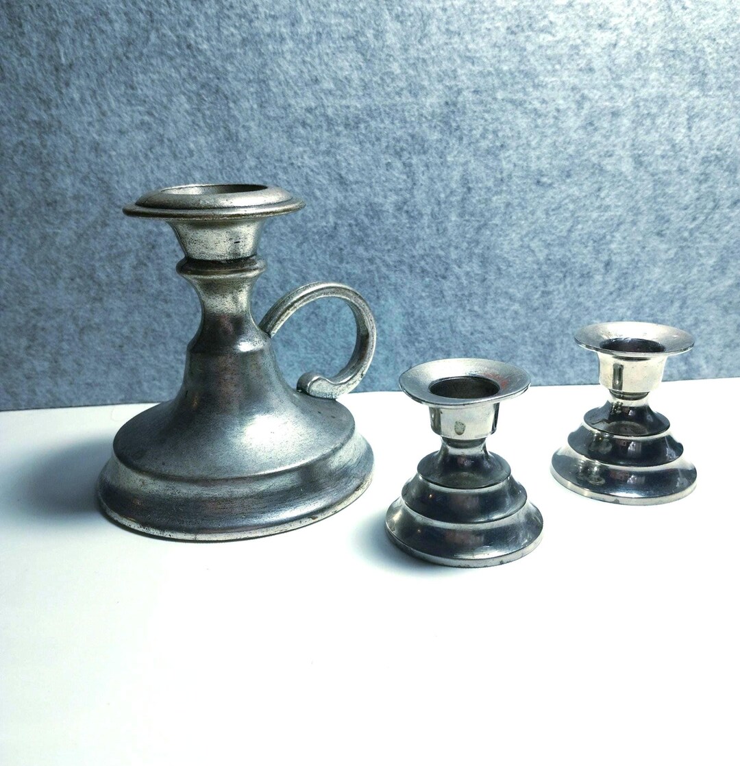 Candlestick Set of 3, Pewter and Silver Plated / Candlesticks / Silver ...