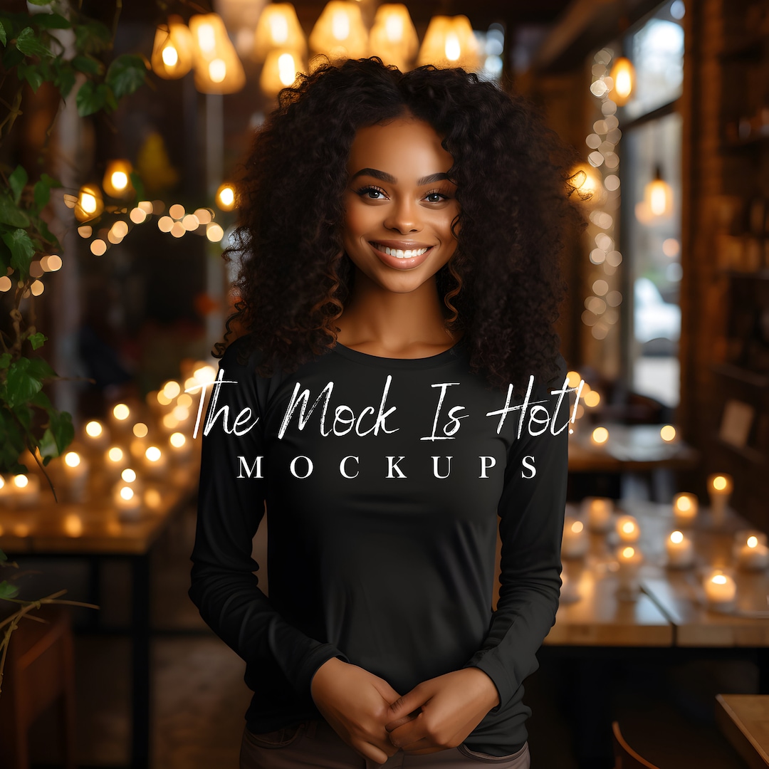 Long Sleeved Black T-shirt Black Model Mockup, Black Woman Mockups ...