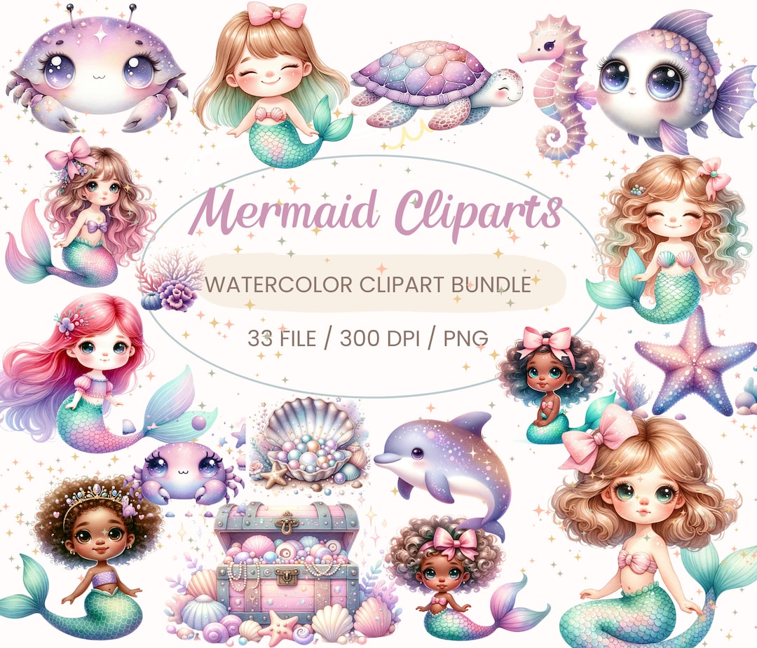 Mermaid Clipart Bundle, Watercolor Mermaid Graphics, Sea Life Digital ...