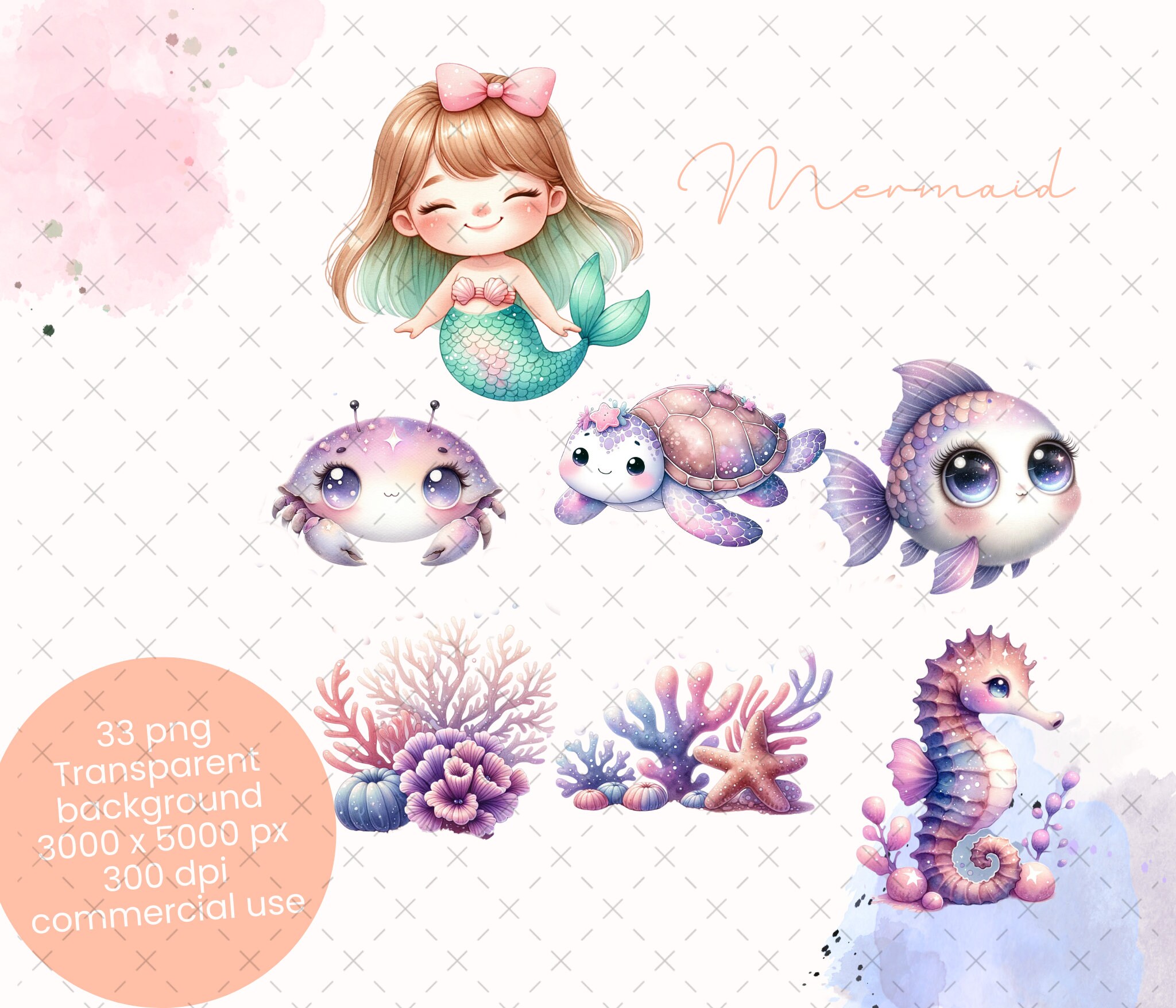 Mermaid Clipart Bundle, Watercolor Mermaid Graphics, Sea Life Digital ...
